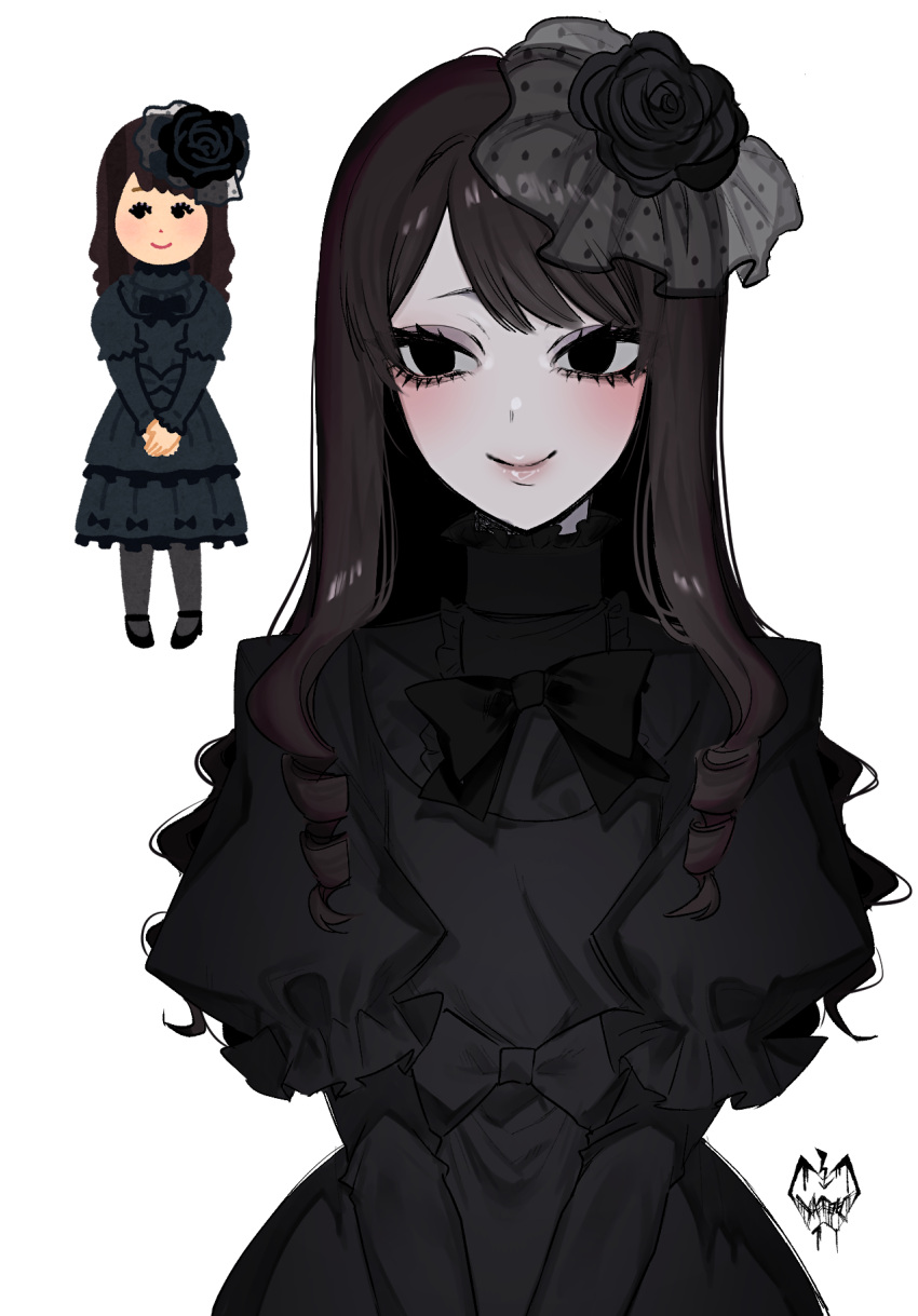 Safebooru - 1girl black bow black dress black eyes black flower black hair bow dress drill hair ...
