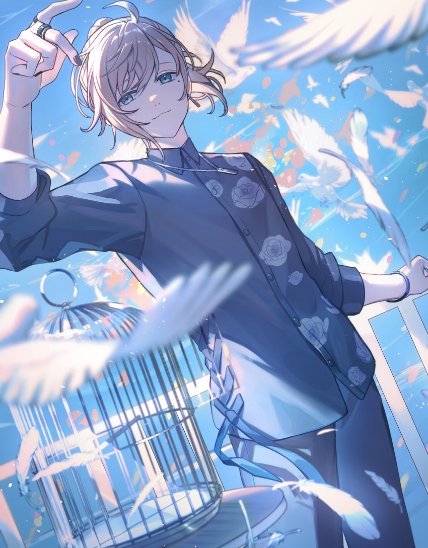Safebooru - 1boy bird birdcage blonde hair blue eyes blue pants blue shirt breasts cage closed ...