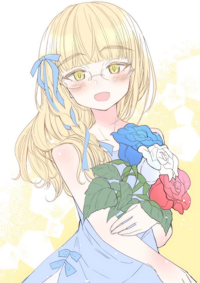 Safebooru - 1girl absurdres aohashi ame blonde hair blue dress blush bouquet commission dress ...