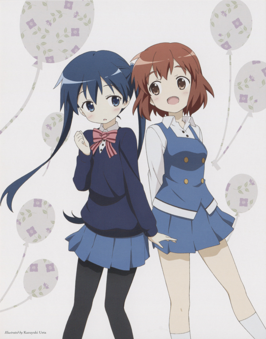 Safebooru - 2girls arms behind back artist name black pantyhose blue eyes blue hair blue skirt ...