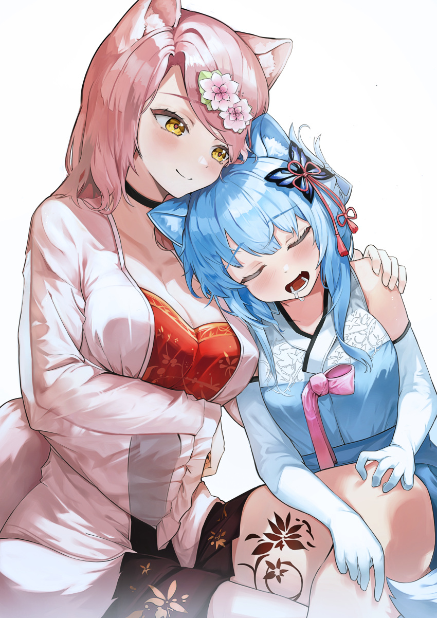 Safebooru - 2girls absurdres animal ears blue hair faded brush folded ponytail fox ears fox girl ...