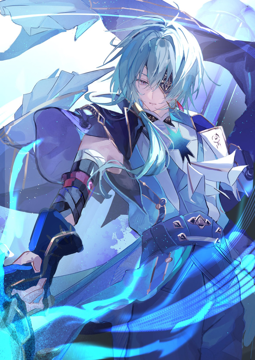 Safebooru - 1boy anaxa (honkai: star rail) aqua hair blue eyes cowboy shot eyepatch grin highres ...
