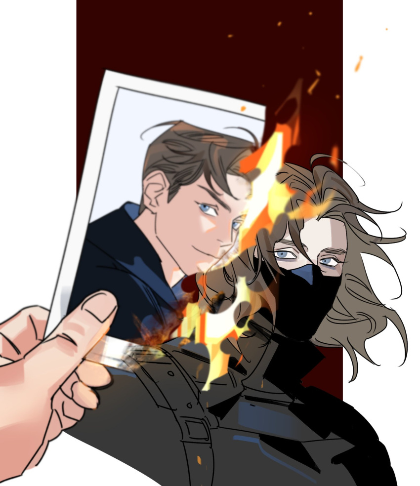 Safebooru - 1boy 1other black bodysuit black mask blue eyes blue jacket ...