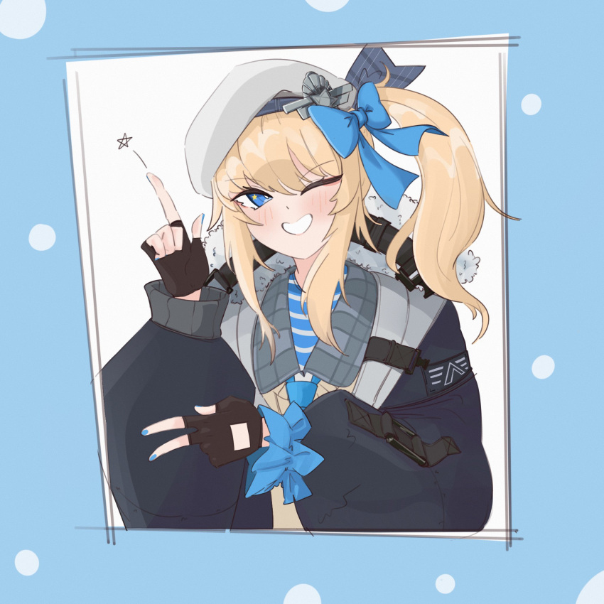 Safebooru - 1girl beret blonde hair blue eyes blue nails blue ribbon blush border fingerless ...