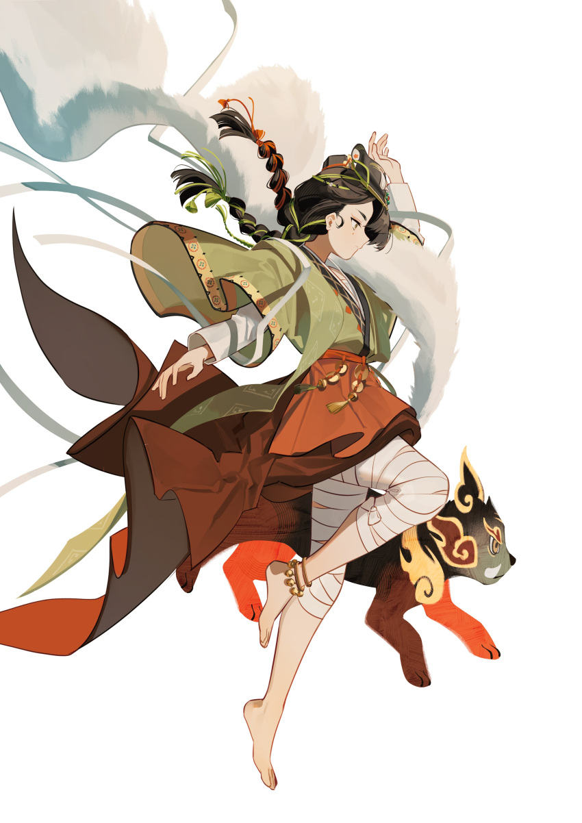 Safebooru - 1girl absurdres ankle bell arm up bandaged leg bandages barefoot black hair braid ...