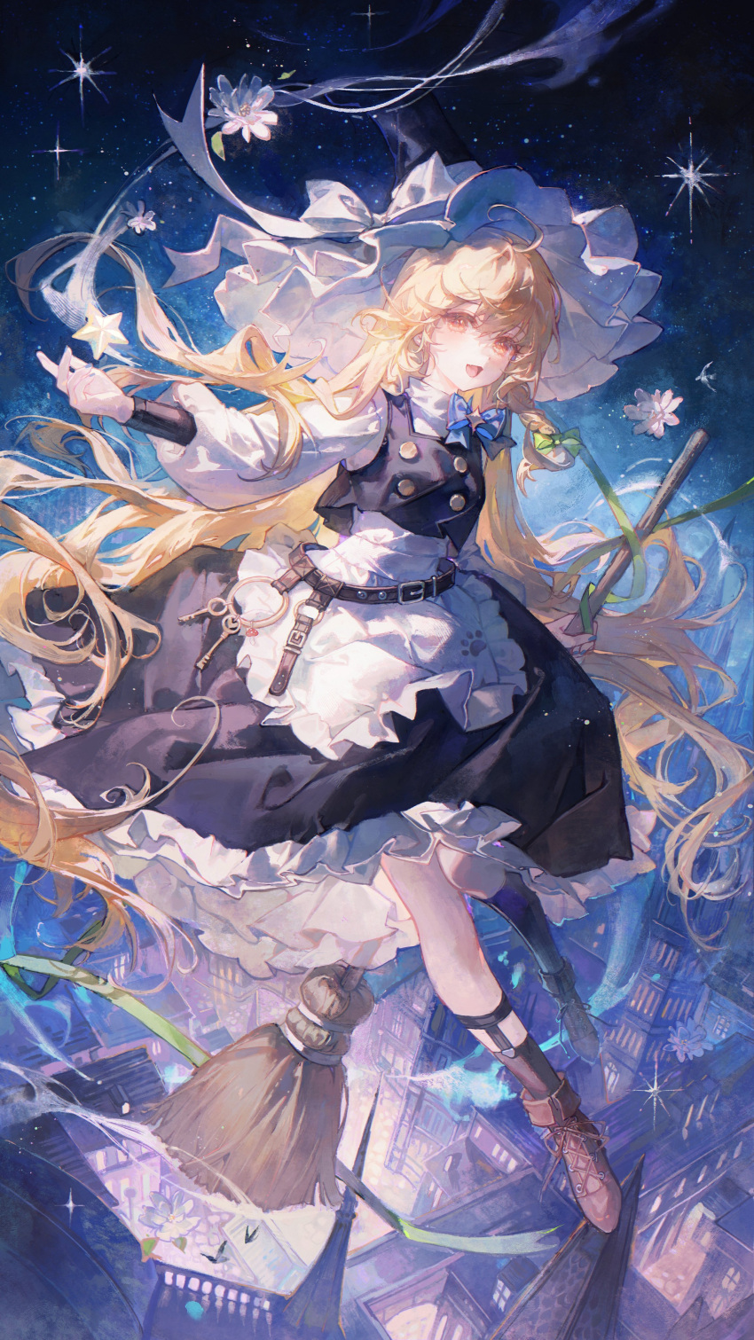 Safebooru - 1girl absurdres apron asymmetrical legwear belt black belt black bow black dress ...