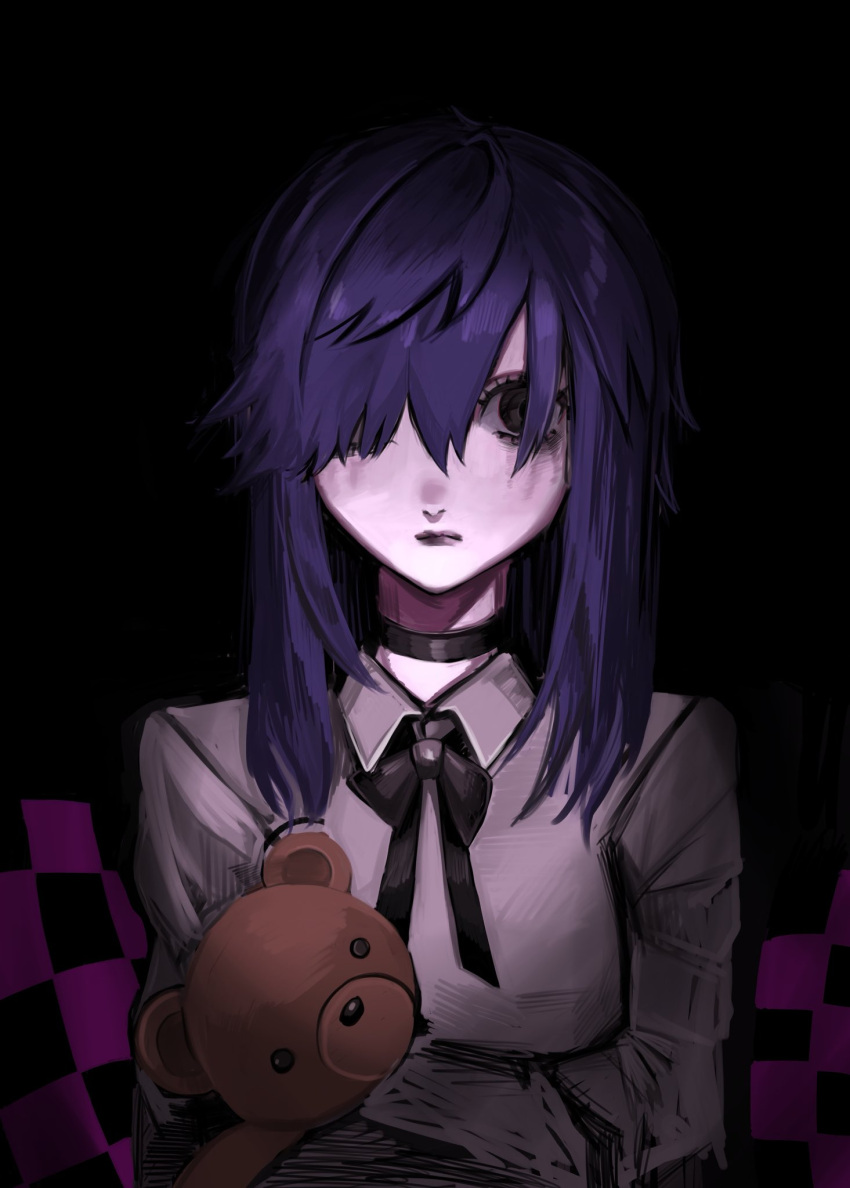 Safebooru - 1girl black background black choker black eyes black ribbon blue hair checkered ...