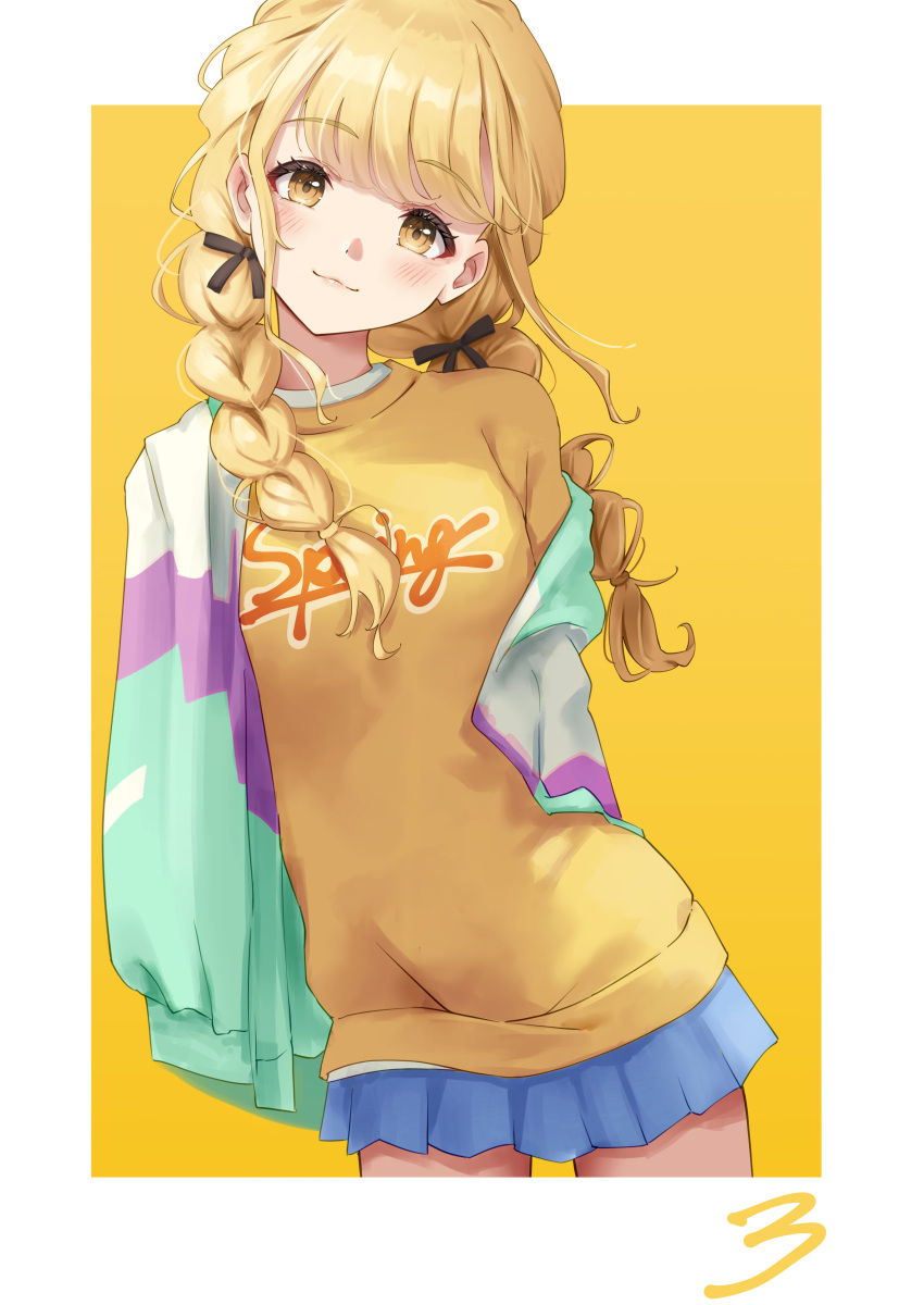 Safebooru - 1girl :3 absurdres black bow blonde hair blue skirt blush border bow braid ...