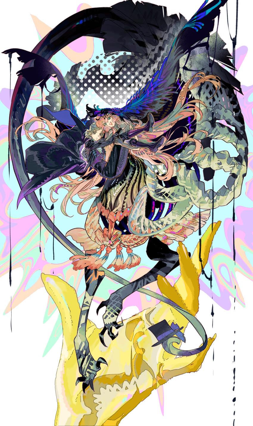 Safebooru - 2girls :d :o absurdres black coat black dress black hat black pants black veil blue ...