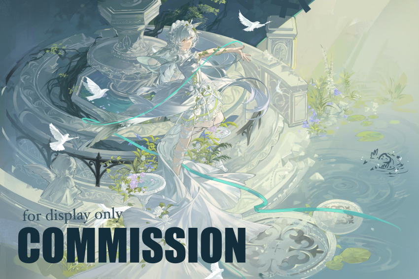 Safebooru - 1girl absurdres bird closed mouth commission dress english text grey hair highres ...