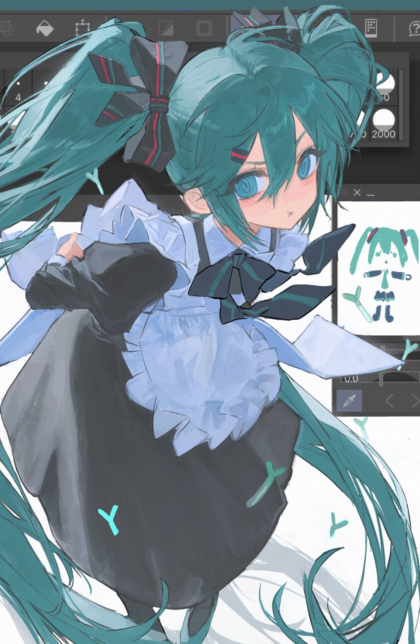 Safebooru - 1girl @ @ alternate costume apron aqua eyes black dress dress hatsune miku highres ...