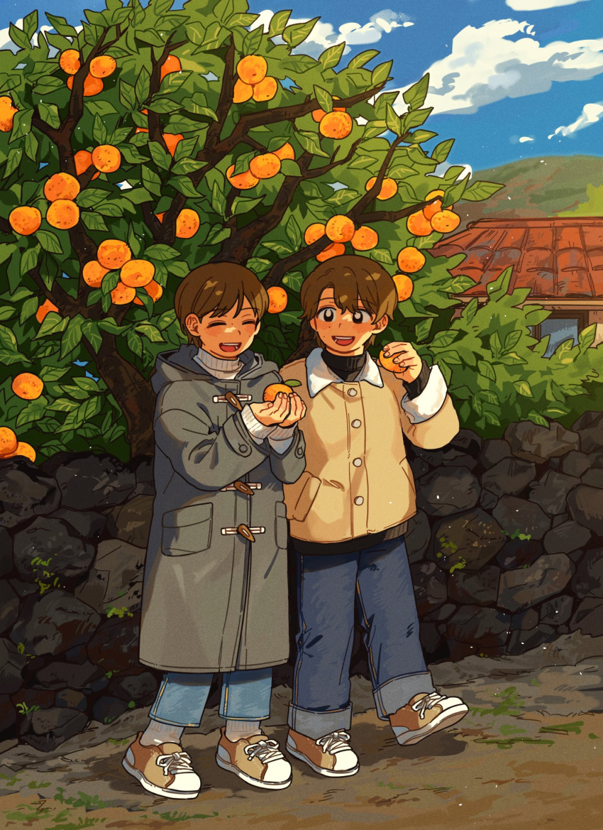 Safebooru - 1boy 1girl :d black eyes blue pants bright pupils brown hair brown jacket brown ...