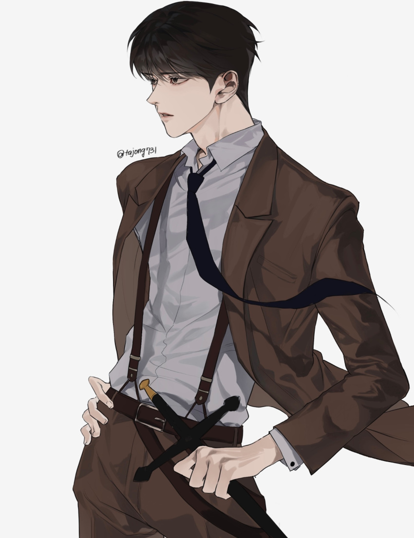 Safebooru - 1boy artist name belt black eyes black hair coat hand on ...