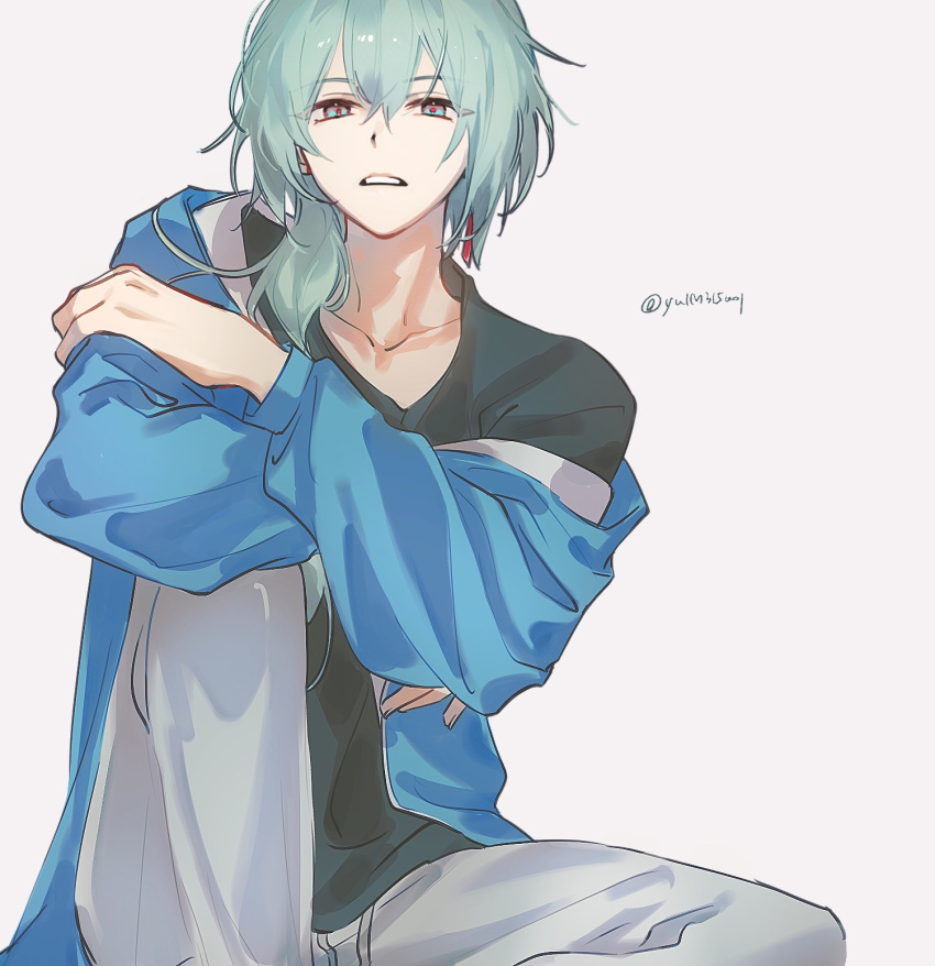 Safebooru - 1boy alternate costume anaxa (honkai: star rail) aqua hair blue jacket casual ...