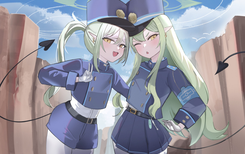 Safebooru - 2girls absurdres armband belt black belt black tail blue archive blue armband clouds ...