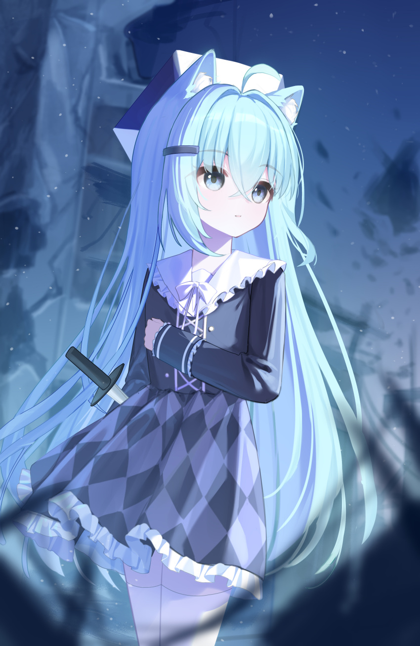 Safebooru - 1girl absurdres ahoge animal ear fluff animal ears aqua hair black dress blue eyes ...