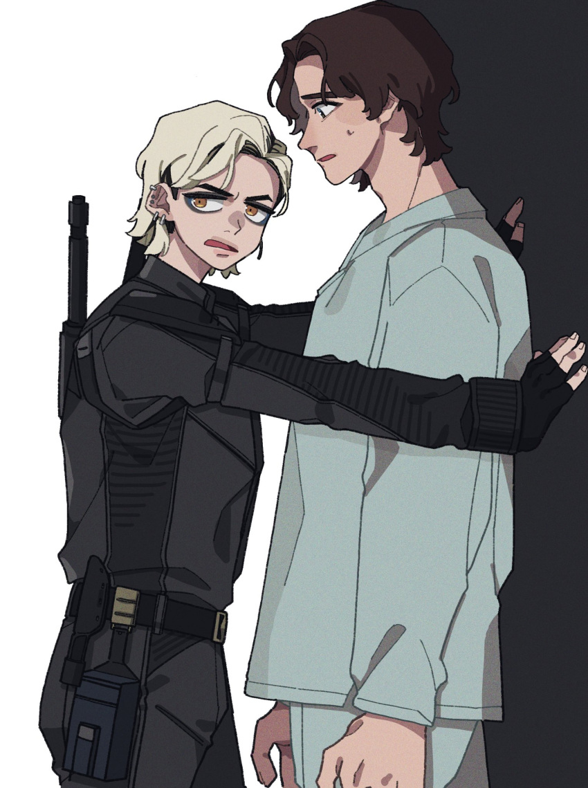 Safebooru - 1boy 1girl black gloves blonde hair bodysuit brown hair ...