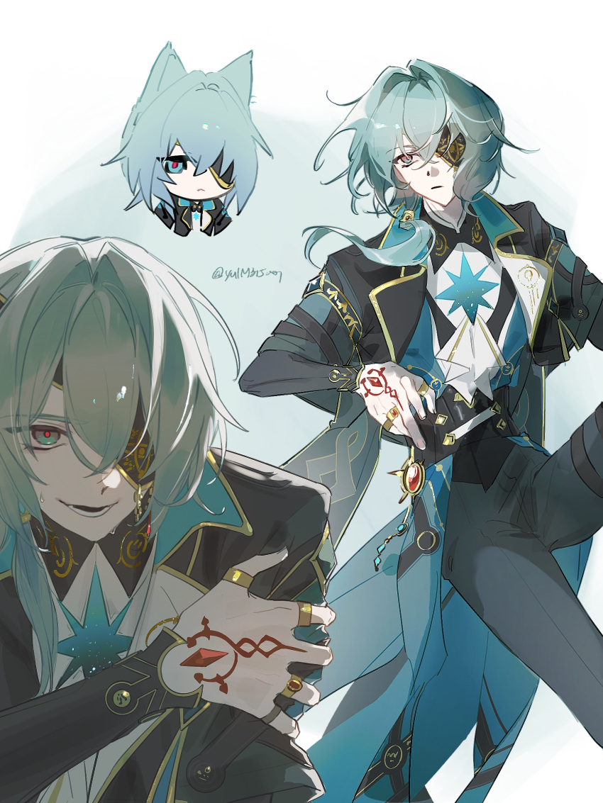 Safebooru - 1boy anaxa (honkai: star rail) animal ears aqua hair black jacket black pants cat ...