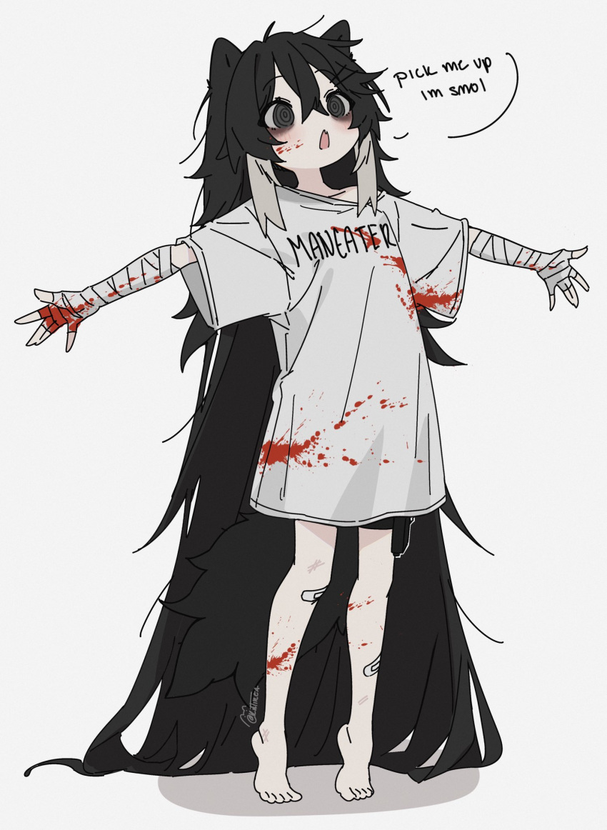 Safebooru - 1girl bandaged arm bandaged leg bandages black hair blood english text full body ...
