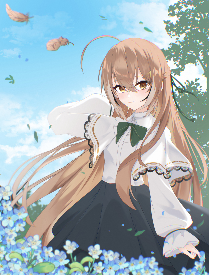 Safebooru - 1girl absurdres ahoge black ribbon black skirt blouse blue flower bow bowtie brown ...