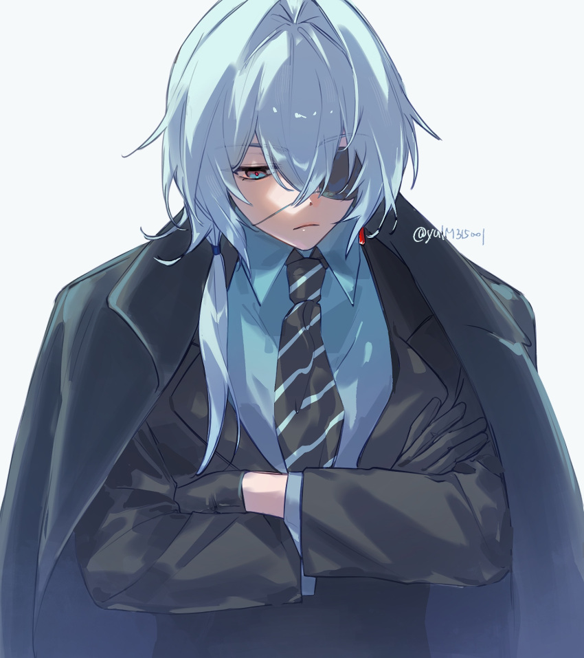 Safebooru - 1boy alternate costume anaxa (honkai: star rail) aqua hair black jacket crossed arms ...