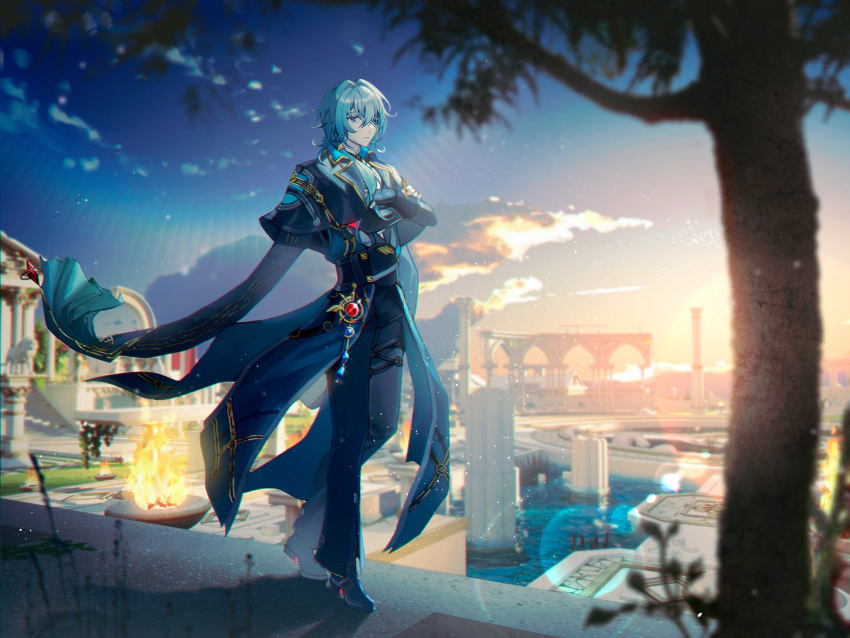 Safebooru - 1boy absurdres anaxa (honkai: star rail) aqua hair black jacket black pants eyepatch ...