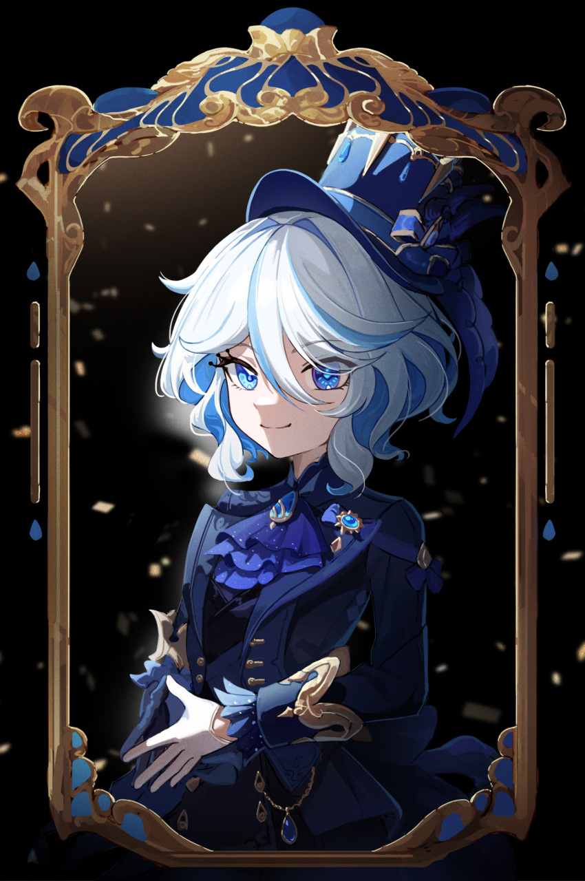 Safebooru - 1girl ascot asymmetrical gloves black gloves blue ascot blue brooch blue eyes blue ...