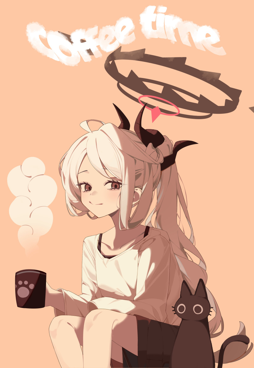Safebooru - 1girl absurdres ahoge black halo blue archive breasts cat coffee mug cup demon girl ...
