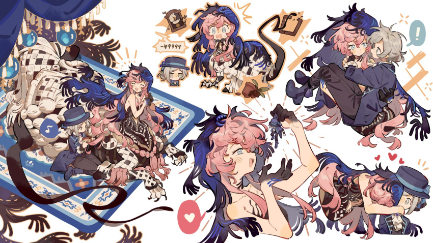 Safebooru - ! 2girls :d ascot bare shoulders black dress black pants black skin black veil blue ...