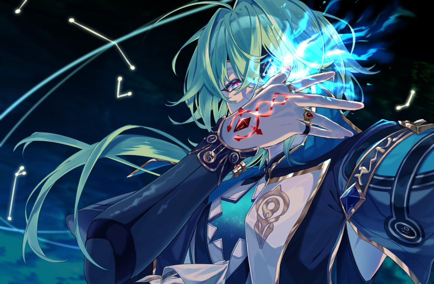 Safebooru - 1boy anaxa (honkai: star rail) aqua hair black jacket blue fire covered mouth ...