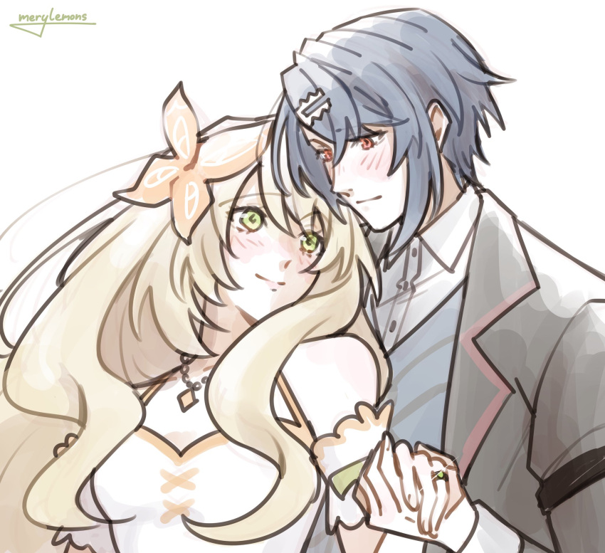 Safebooru - 1boy 1girl alcryst (fire emblem) blonde hair blue hair breasts butterfly hair ...