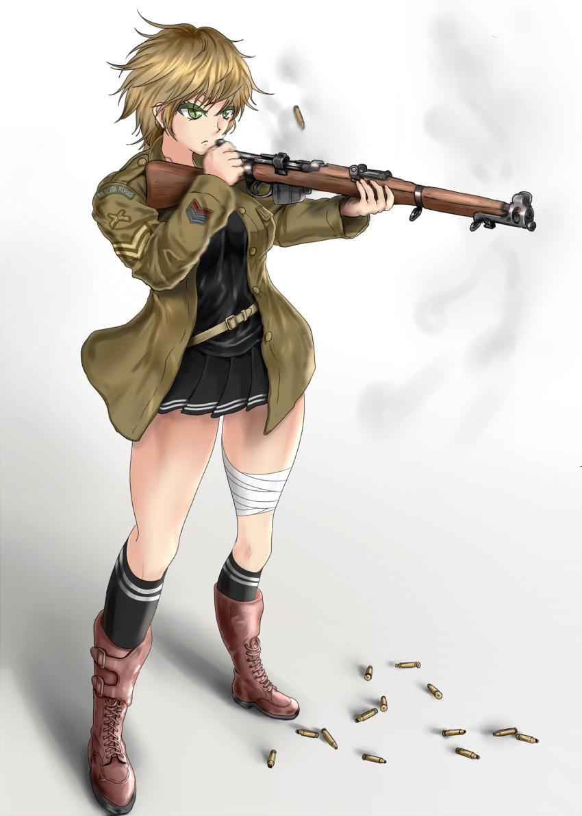 Safebooru - 1girl bandaged leg belt black legwear blonde hair boots breasts bullet firing green ...