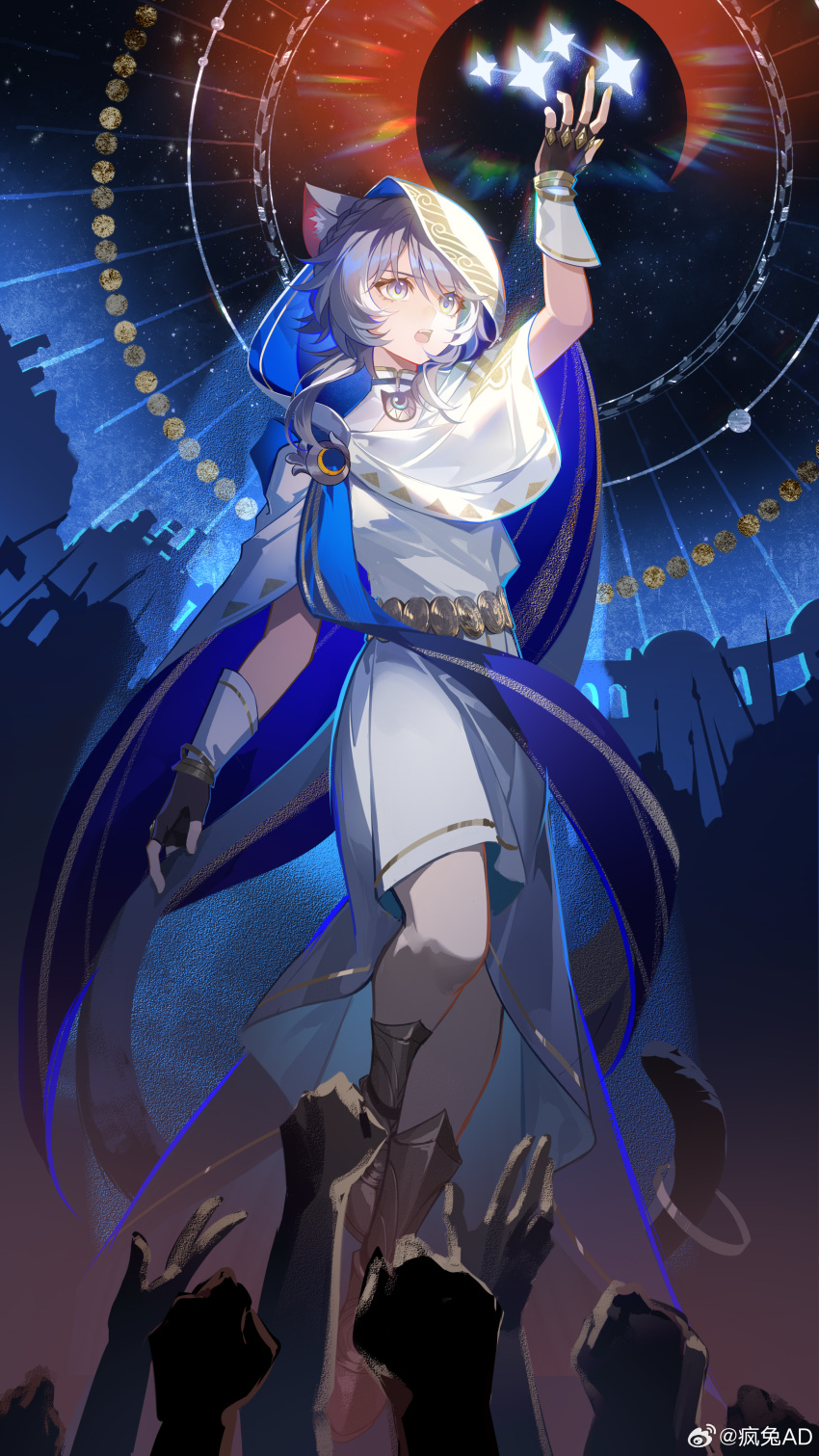 Safebooru - 1girl absurdres ancient greek clothes animal ears animal hood arm up black gloves ...