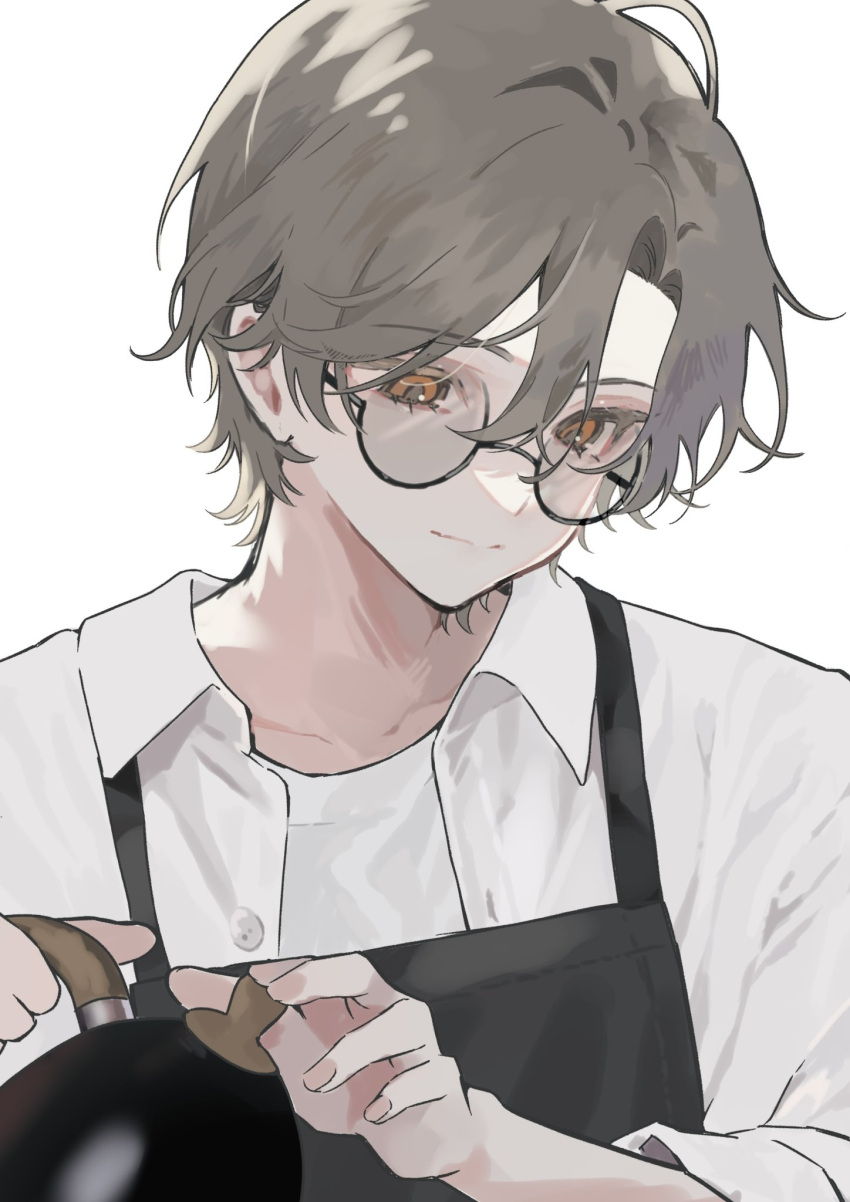 Safebooru - 1boy apron black-framed eyewear black apron brown eyes brown hair closed mouth ...