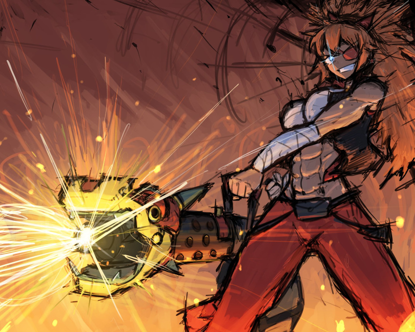 Safebooru - 1girl abs bandaged arm bandages belt pouch black jacket blue eyes brown background ...