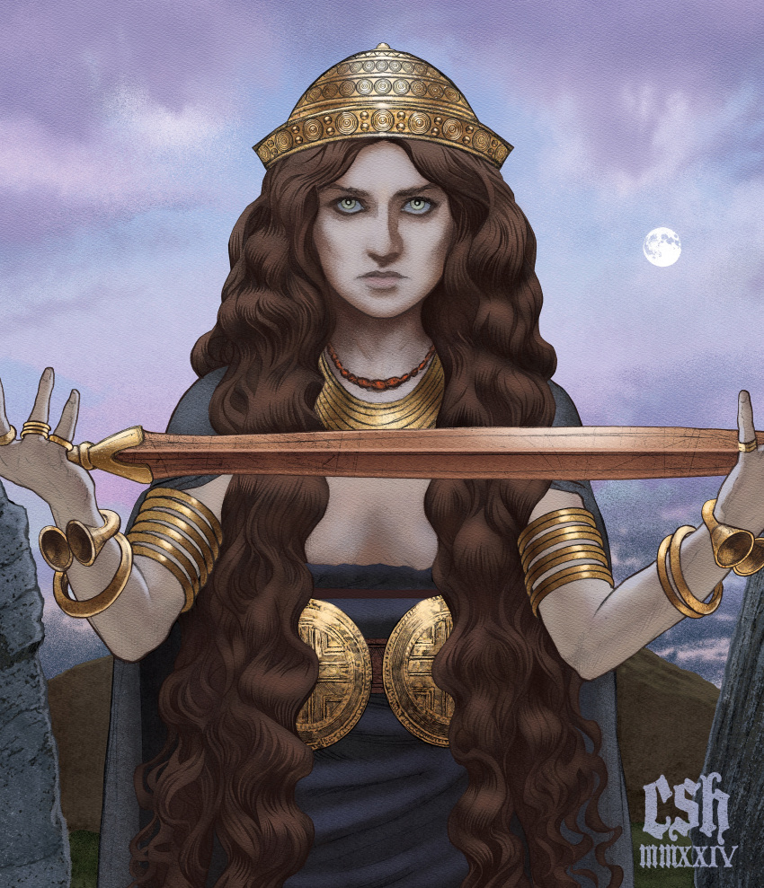 Safebooru - 1girl absurdres armband blue cape blue robe bronze bronze headwear brown hair cape ...