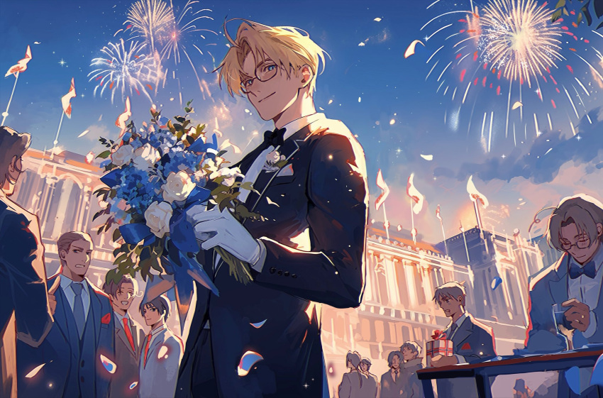 Safebooru - 6+boys ahoge alcohol america (hetalia) axis powers hetalia back black-framed eyewear ...