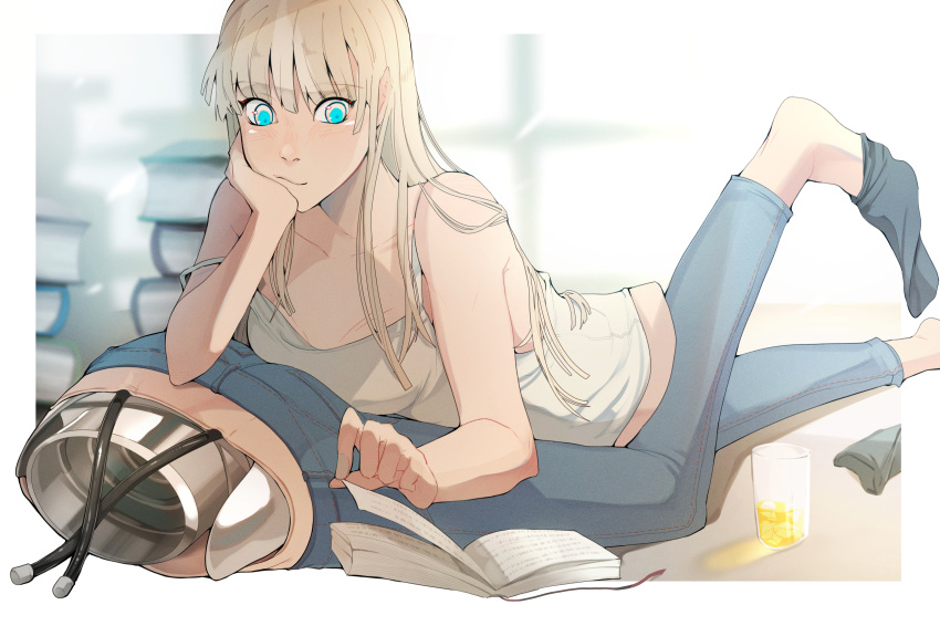 Safebooru - 1girl absurdres bare shoulders blonde hair blue eyes blue pants blunt bangs book ...