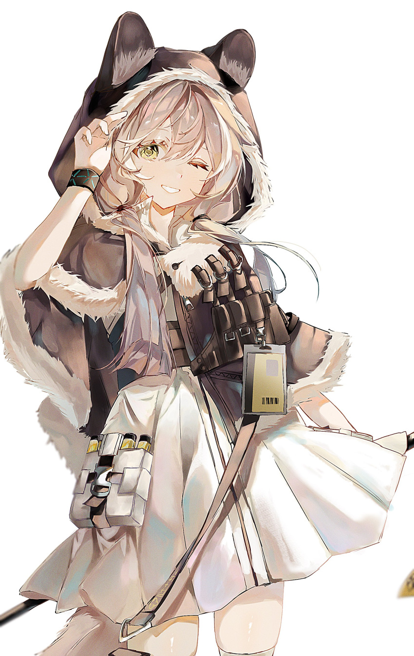 Safebooru - 1girl ;) absurdres adjusting hair animal ear fluff animal ear hood arknights belt ...