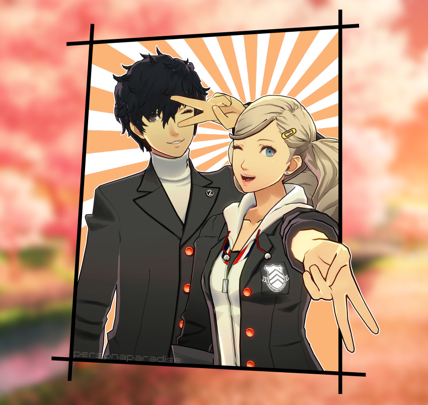 Safebooru - 1boy 1girl absurdres amamiya ren black hair black jacket blonde hair hair ornament ...