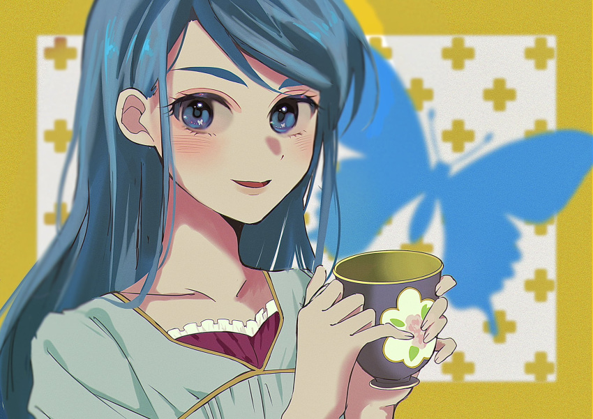 Safebooru - 1girl blue butterfly blue eyes blue hair blue shirt border ...