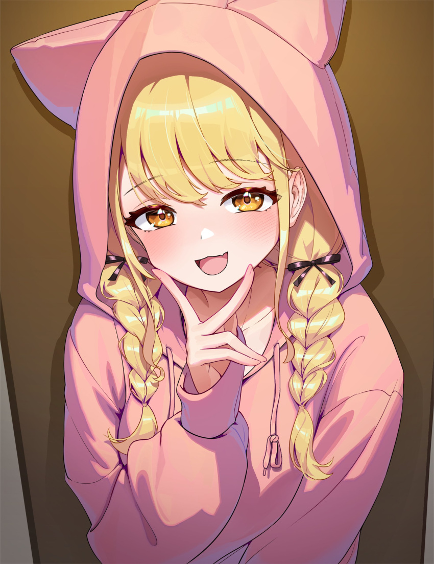 Safebooru - 1girl absurdres animal ears animal hood black ribbon blonde hair blush braid cat ...