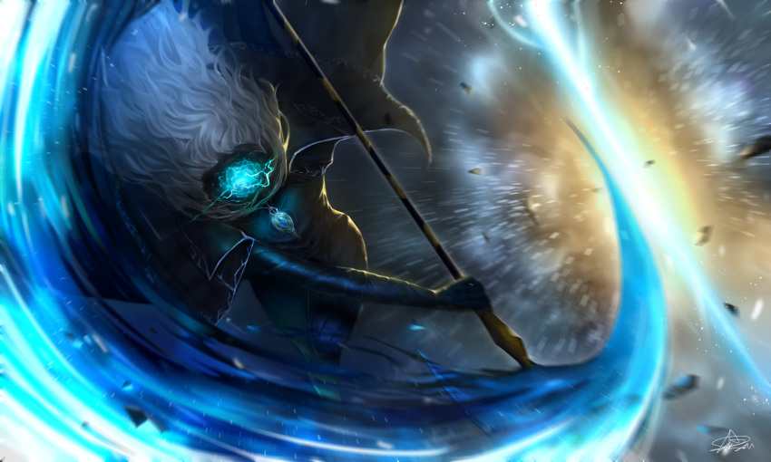 Safebooru - 1boy absurdres argalia (project moon) attack backlighting blue bodysuit blue cape ...