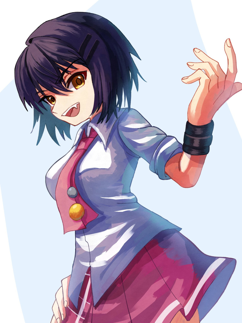 Safebooru - beckoning black hair collared shirt fang gauntlets highres kure kirika looking at ...