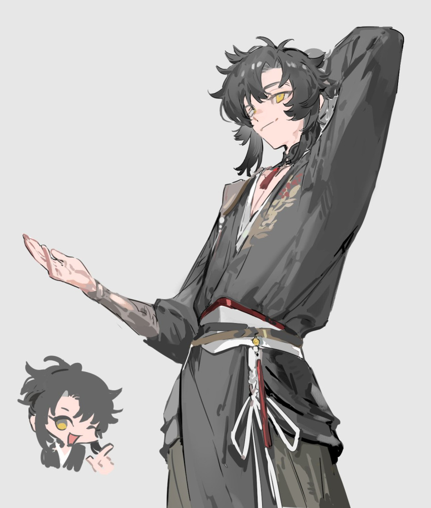 Safebooru - 1boy arm up arms behind head black hair chibi chibi inset ...
