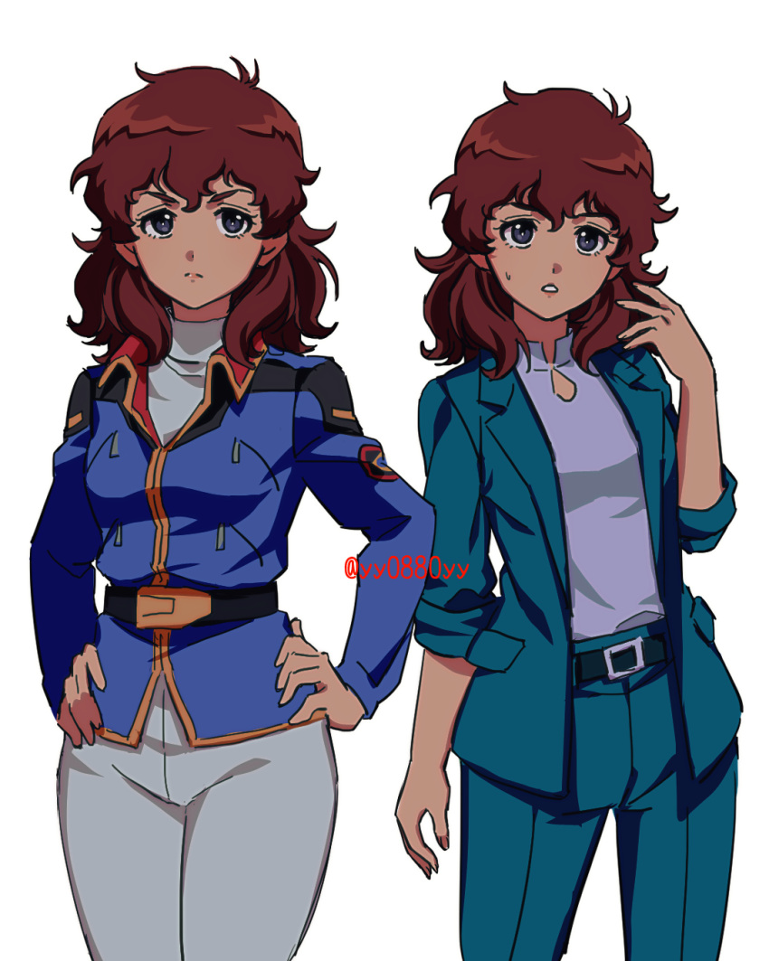 Safebooru - 1girl amuro ray aqua jacket aqua pants belt black belt blue eyes blue jacket breasts ...