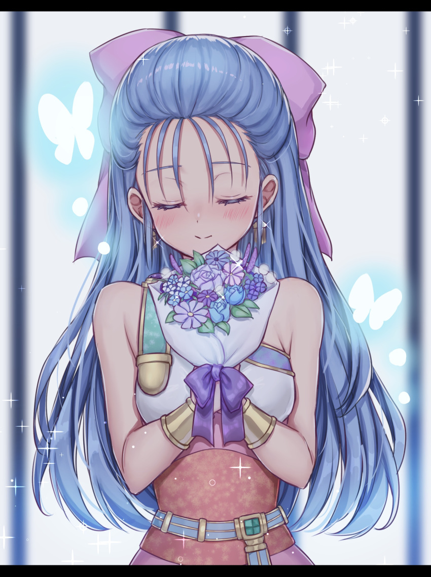 Safebooru - 1girl blue flower blue hair blurry blurry background blush bouquet bow bracelet bug ...
