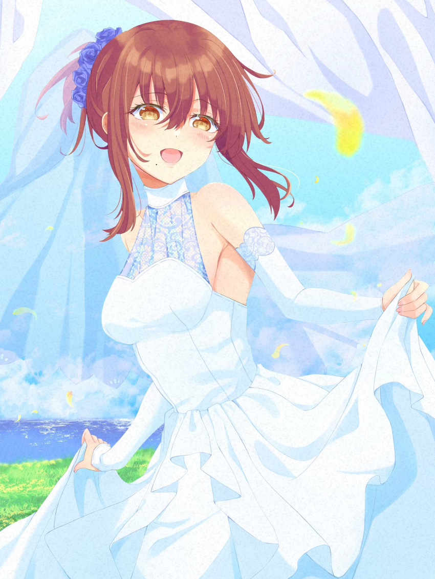 Safebooru - 1girl :d adversarial noise alternate costume bare shoulders blue flower blue rose ...