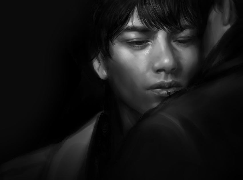 Safebooru - 2boys black background black coat black eyes black hair black shirt blank stare coat ...