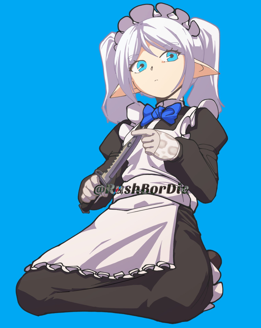 Safebooru - 1girl alternate costume apron black dress blue background blue bow blue bowtie blue ...